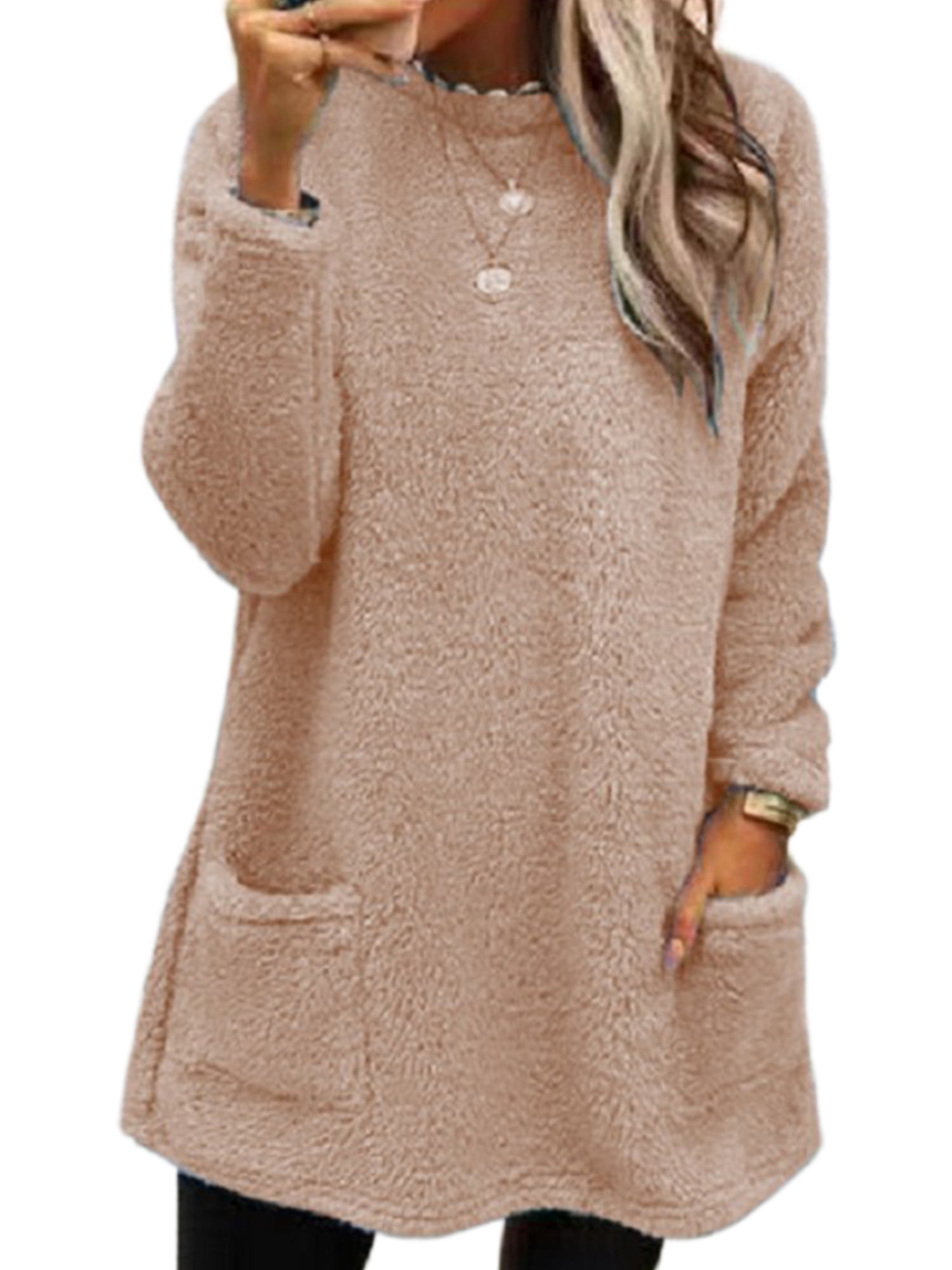 Beiwei Women Fluffy Crew Neck Tops Long Sleeve Loose Pullover Ladies ...