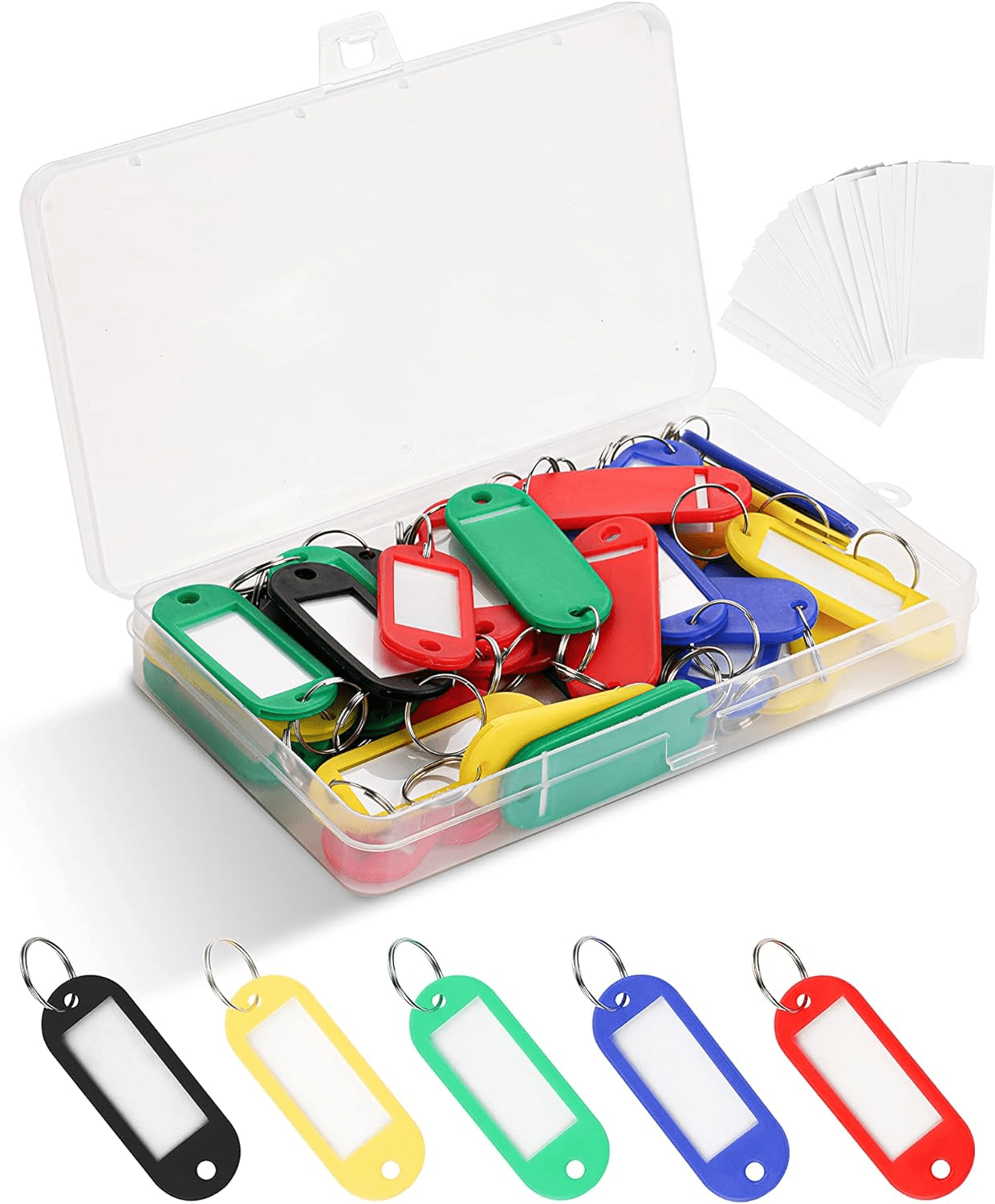 Bekayaa Pack of 20 Keyrings with Labels - 10 Colours, Plastic Box with ...