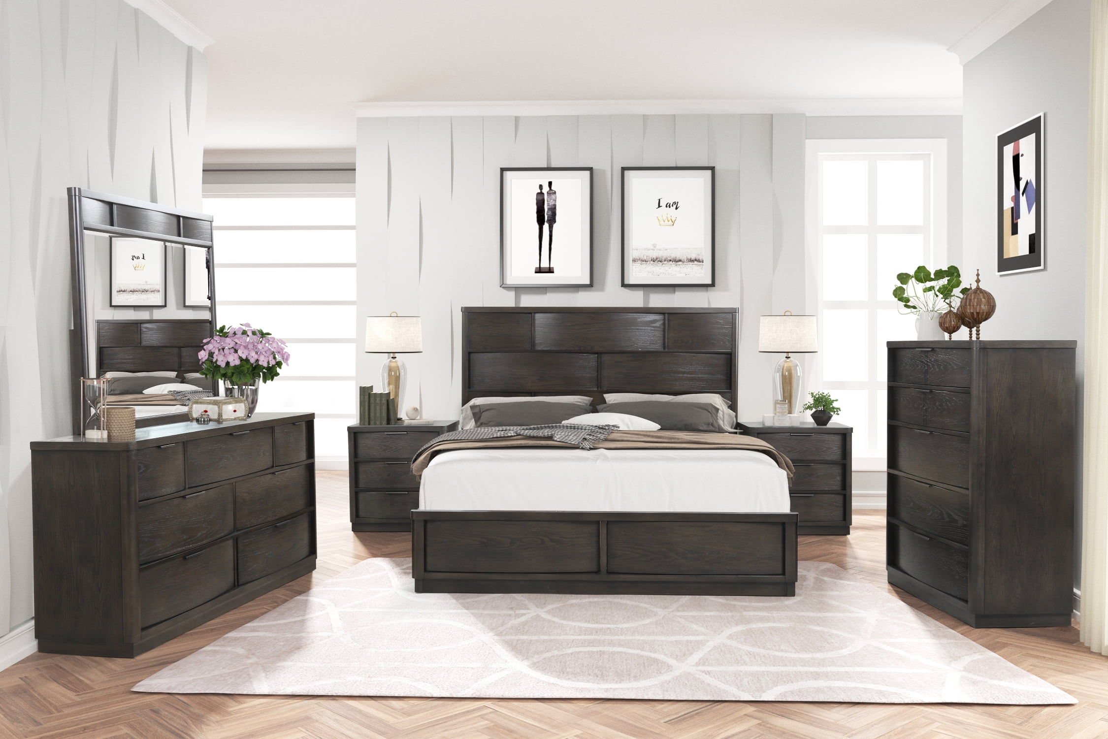 Belani Wood Panel Bed Set, Queen Bed, Dresser, Mirror, Two Nightstands ...