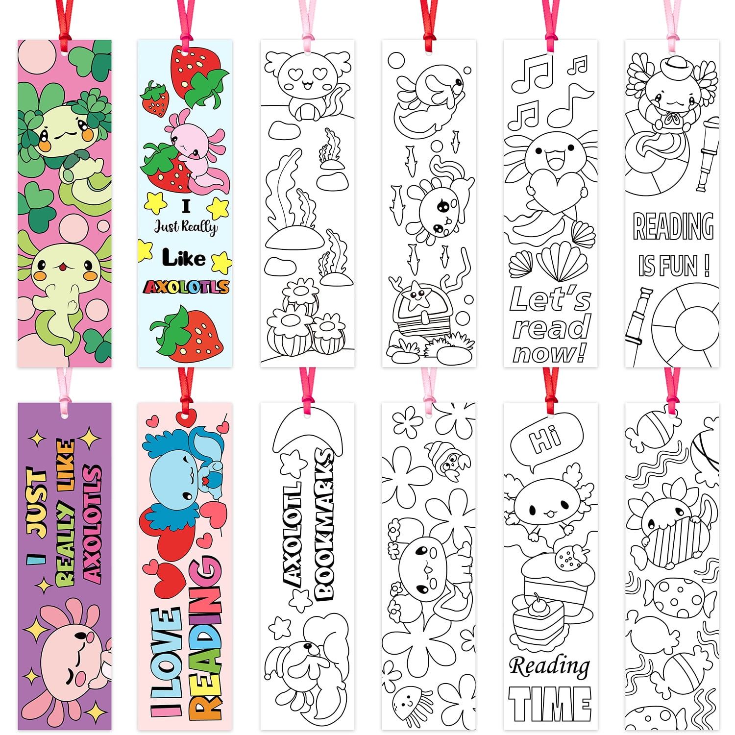 Belanttega 72Pcs Axolotl-Themed Coloring Bookmarks for Book Lovers ...