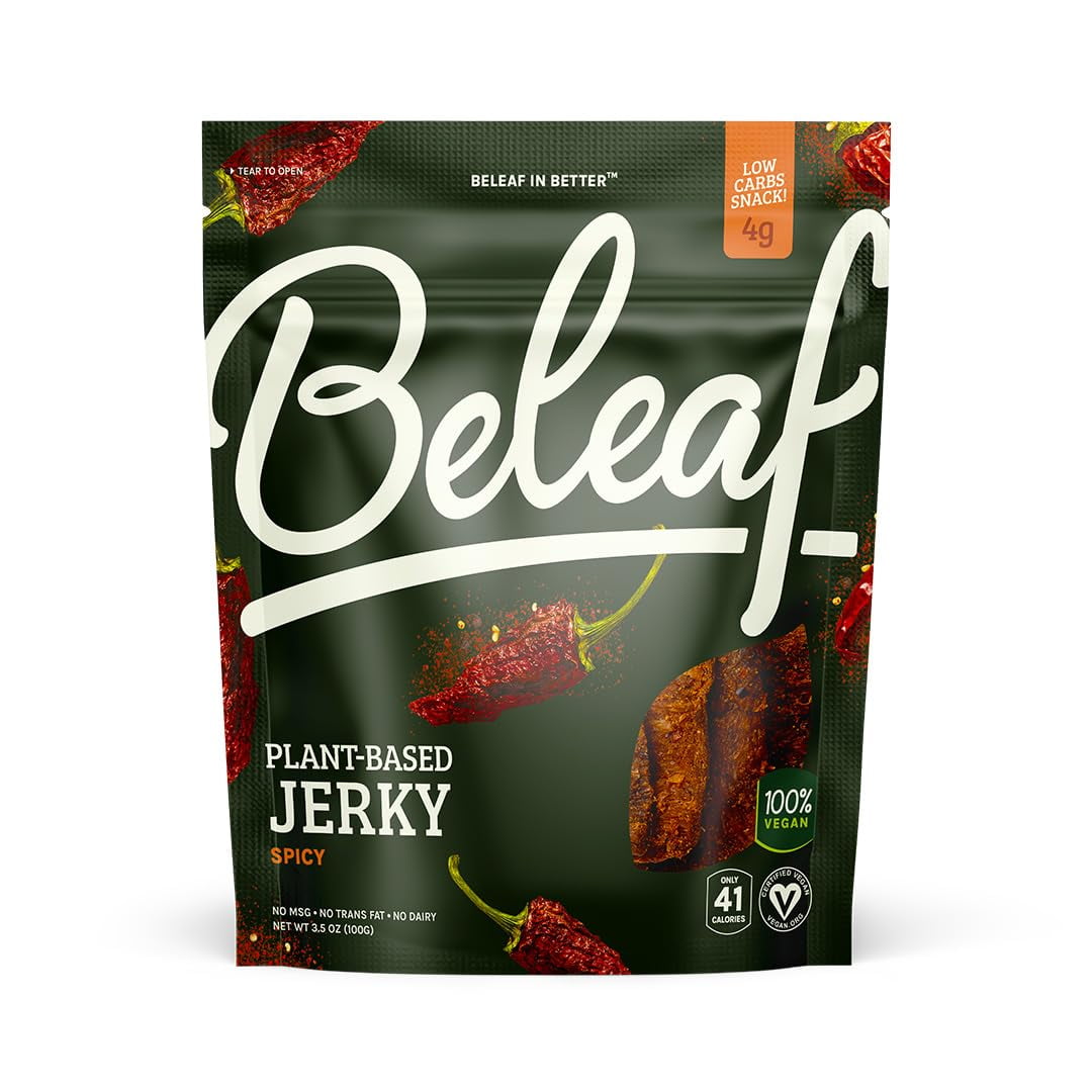 Beleaf Spicy Plant-Based Jerky: High-Protein Snack – Healthy and Flavorful Vegan Jerky for On ...