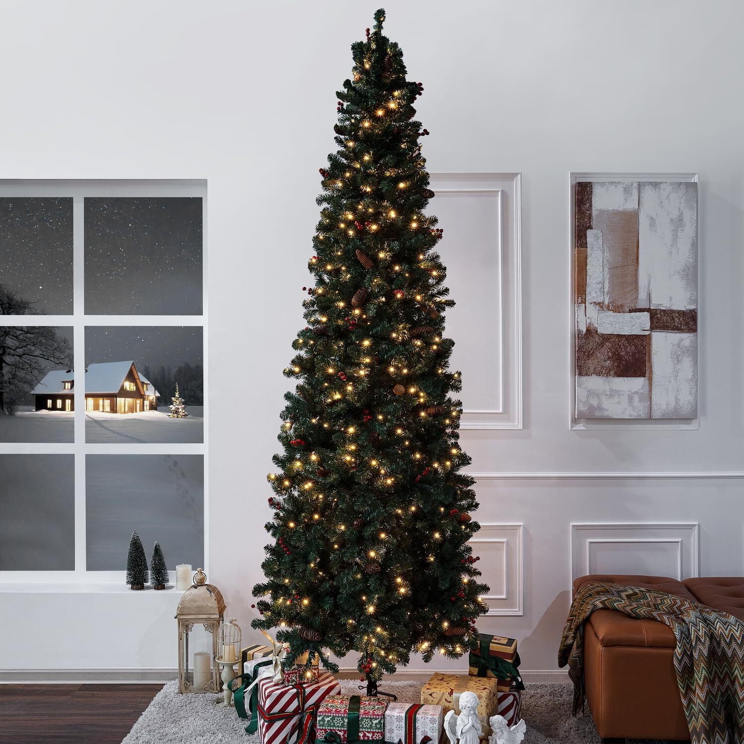 Naomi Home 9ft Slim Pencil Christmas Tree with 500 Warm Lights, 1457 ...