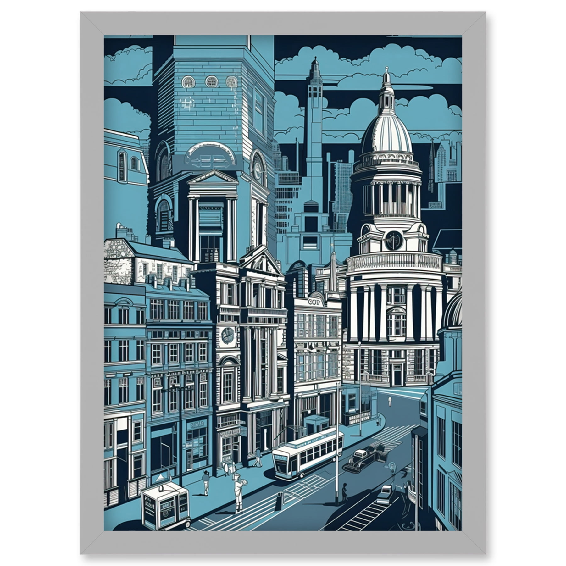Belfast Cityscape City Centre Hall Linocut Style Artwork Framed Wall ...