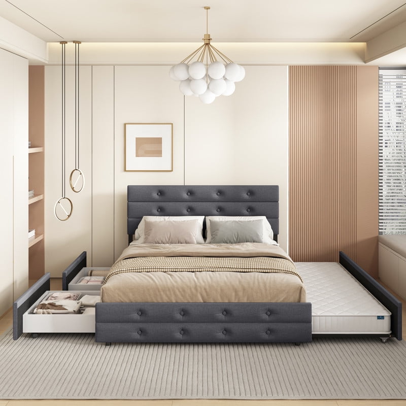 Belffin Queen Size Linen Upholstered Trundle Bed Frame with Storage Drawers,Grey - Walmart.com