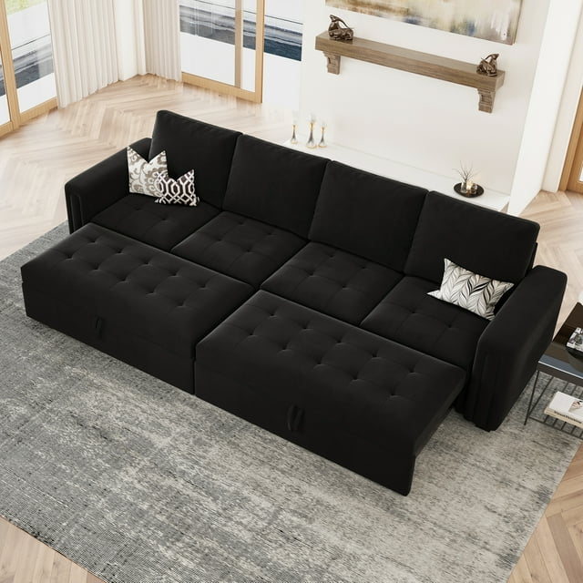 Belffin Velvet Pull Out Sleeper Modular Sectional Couch for Living Room 4 Seater Black - Walmart.com