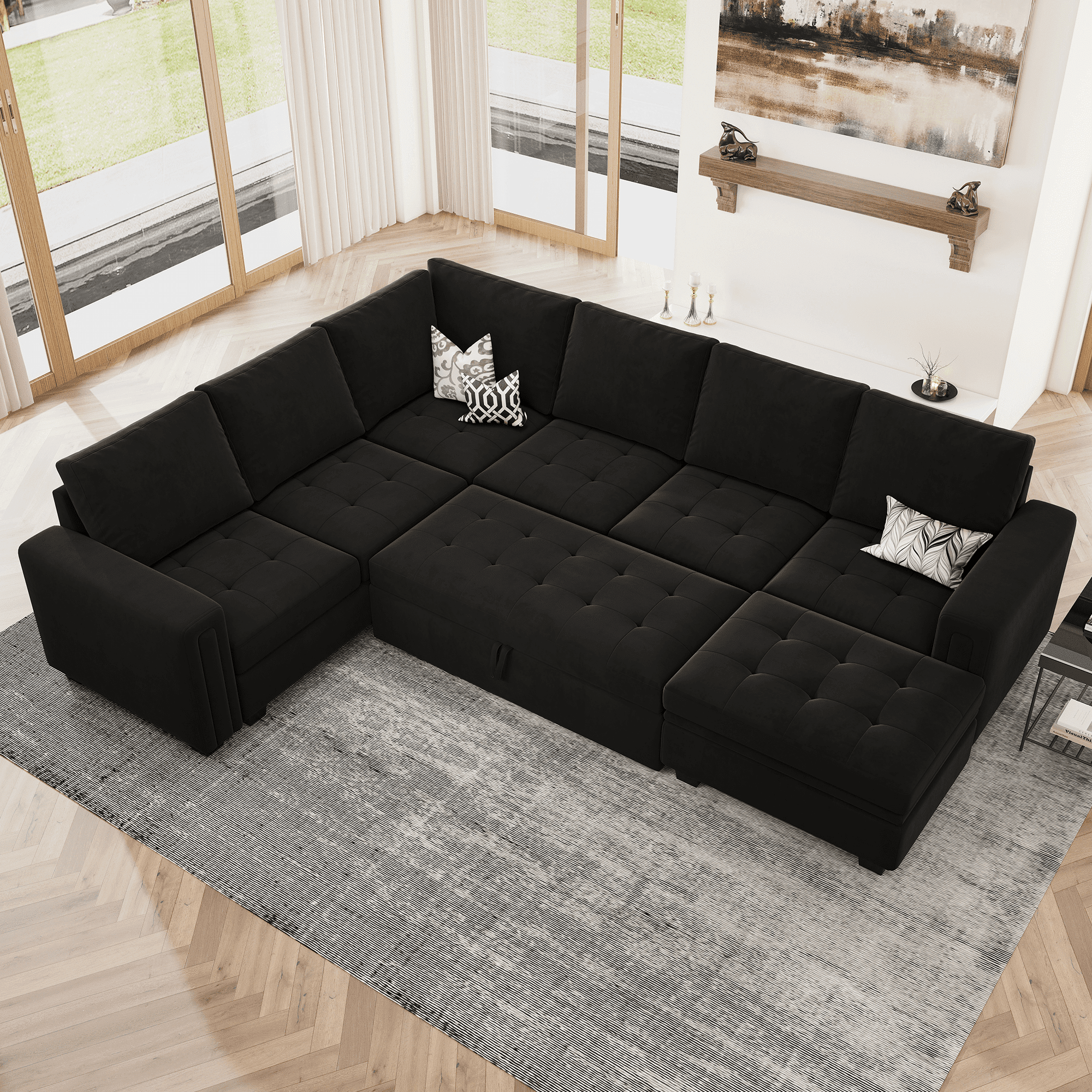 Belffin Velvet U Shape Modular Sectional Sofa with Pull Out Bed for ...