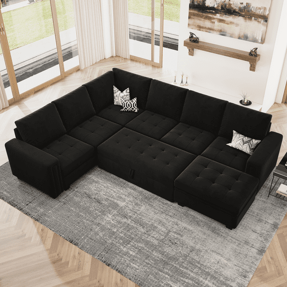 Belffin Velvet U Shape Modular Sectional Sofa with Pull Out Bed for ...
