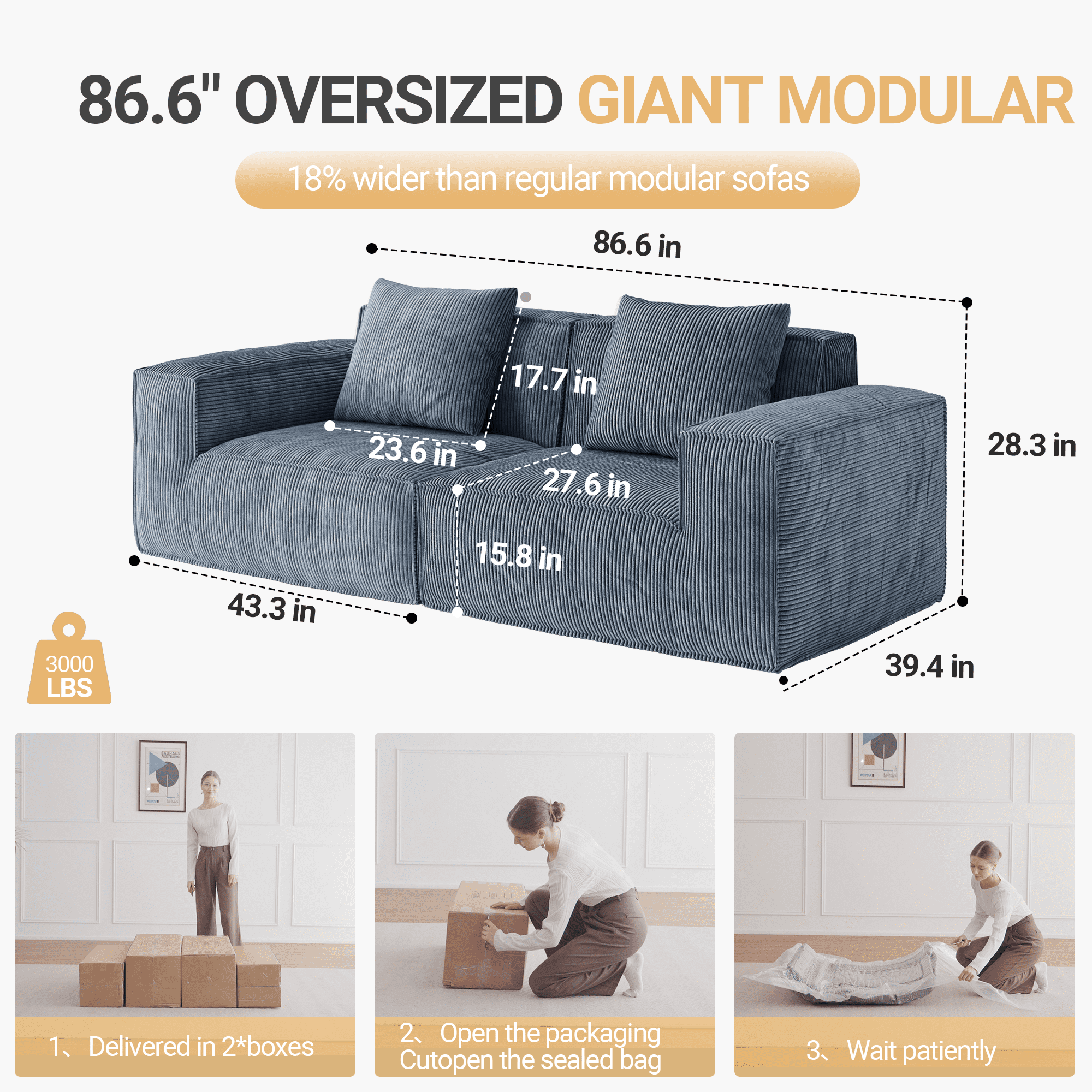 Belfin Modular Sectional Sofa Bed - Gray Chenille, 86.6" Convertible ...