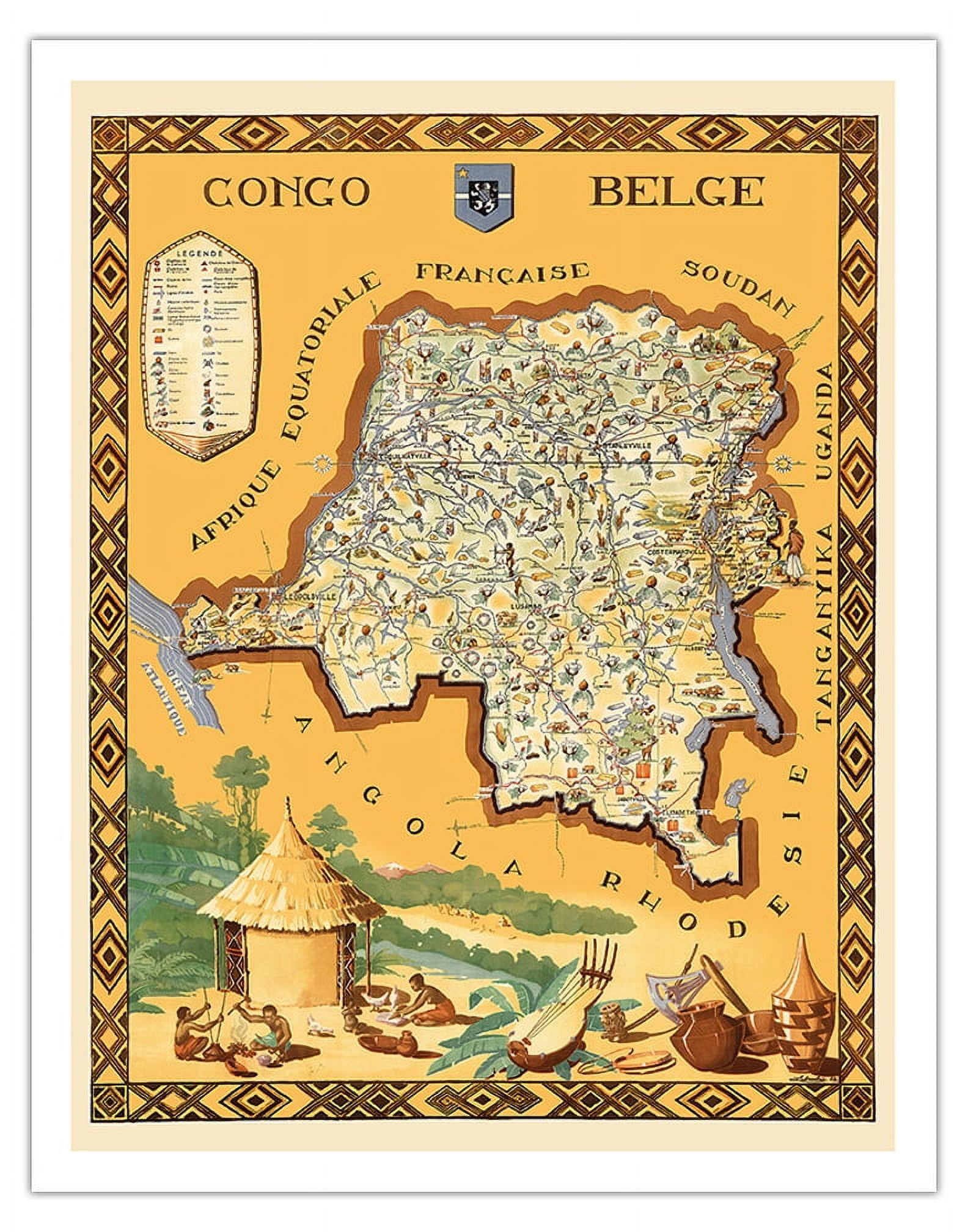 Belgian Congo (Congo Belge) - Vintage Pictorial Map by Frans Laboulais ...