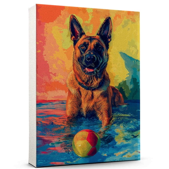 Belgian Malinois Dog Playing Swimming Stretched Canvas Size 8x12 ...