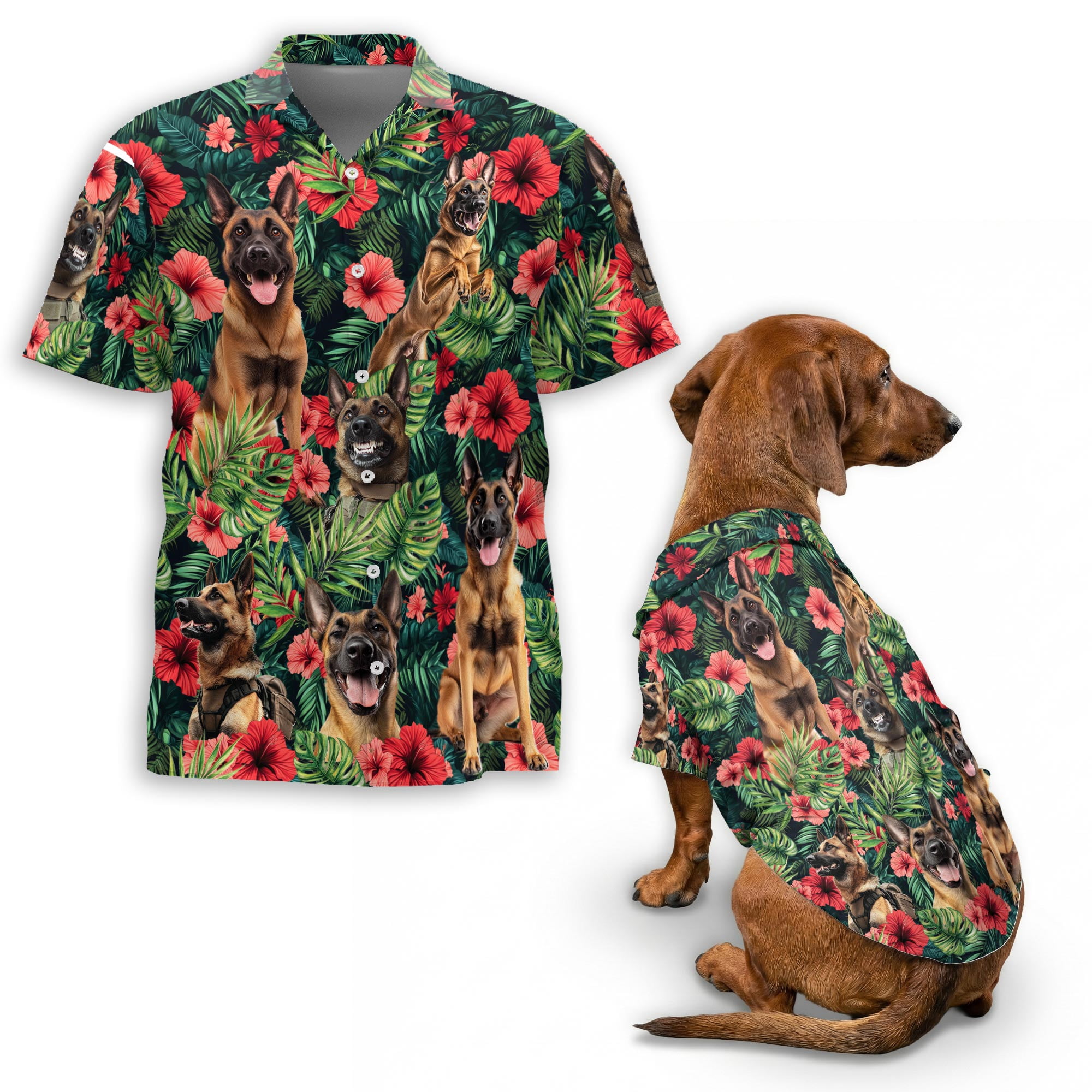 Belgian Malinois Hawaiian Shirt for Men and Dogs, Tropical Floral Aloha ...