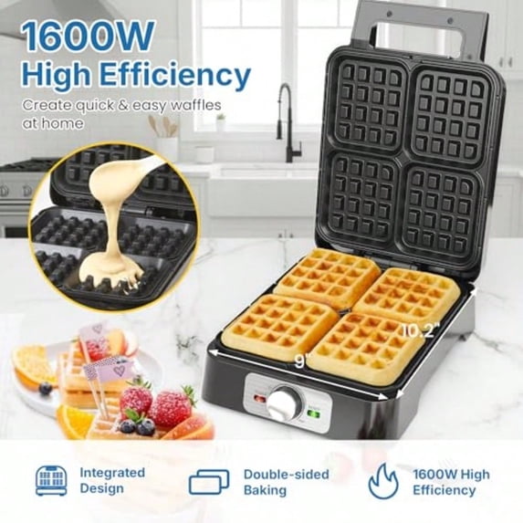 Belgian Waffle Iron 4 Slices Electric Waffle Maker with Adjustable ...