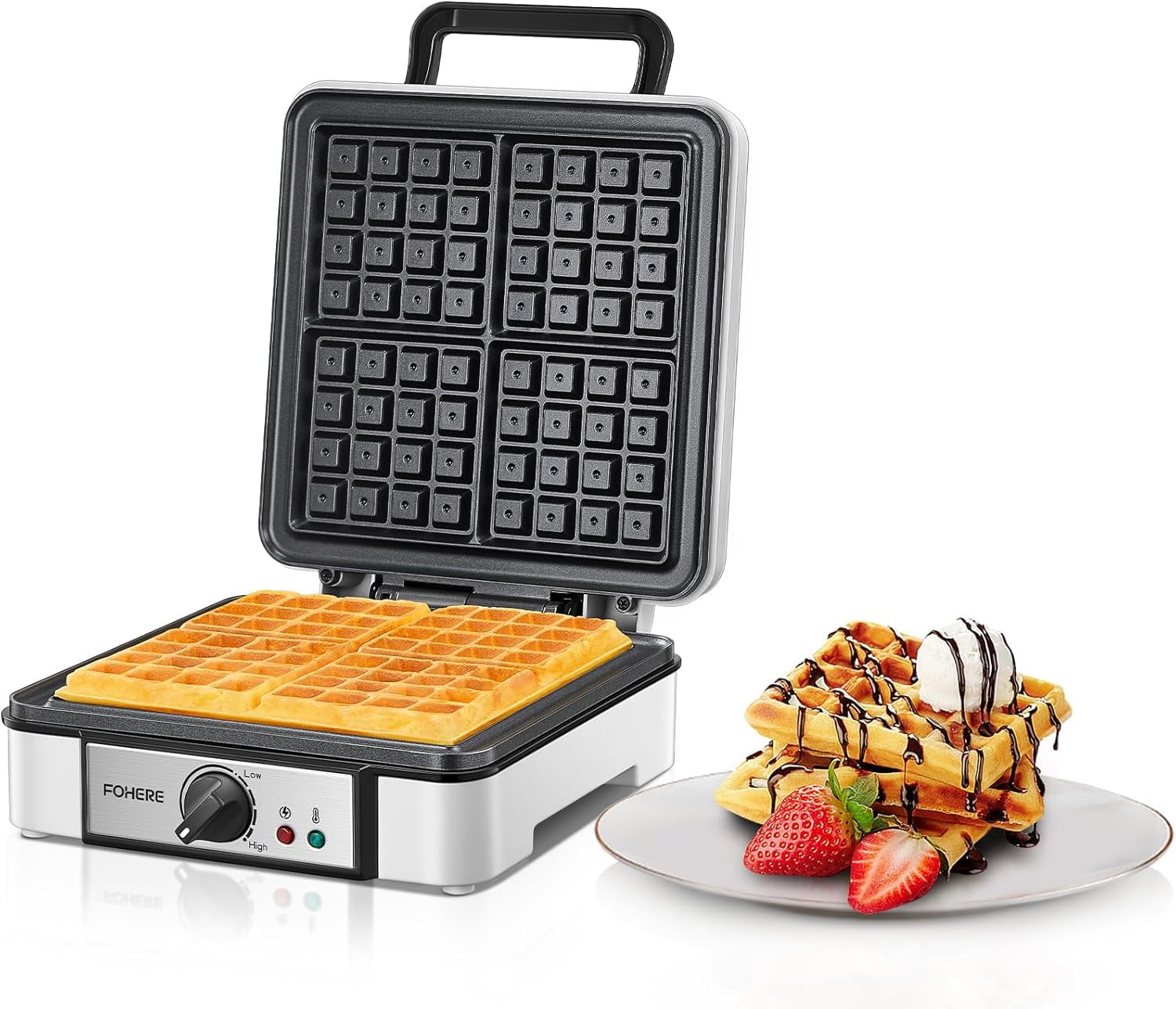 Belgian Waffle Maker 4 Slices, 1200W Square Waffle Iron, 5 Browning ...