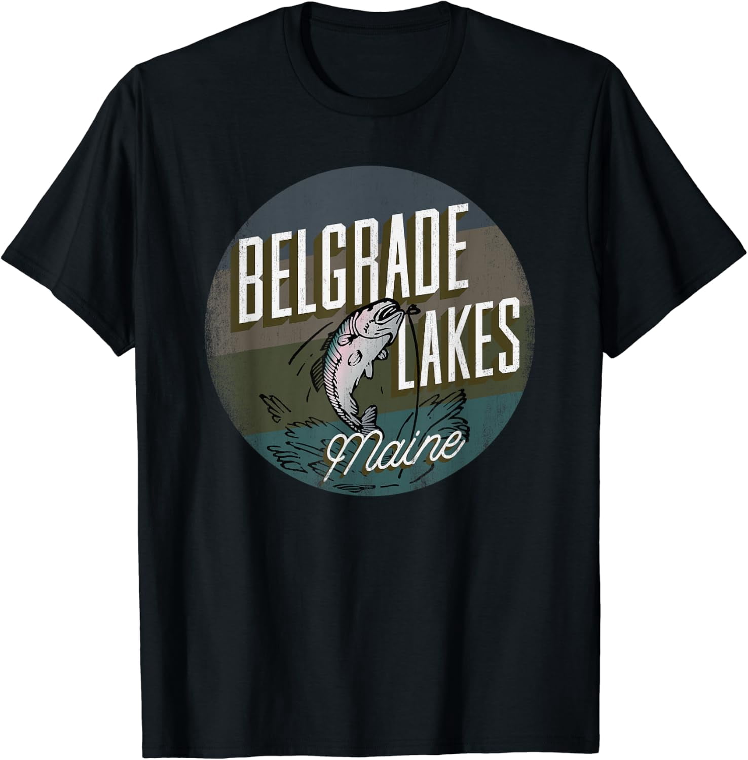 Belgrade Lakes Maine Bass Trout Fishing Retro Leaping Fish T-Shirt ...