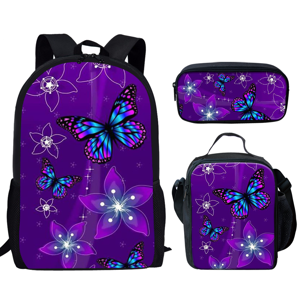 Belidome Casual 3Pcs Bags Purple Butterfly Print Lightweight Backpack ...