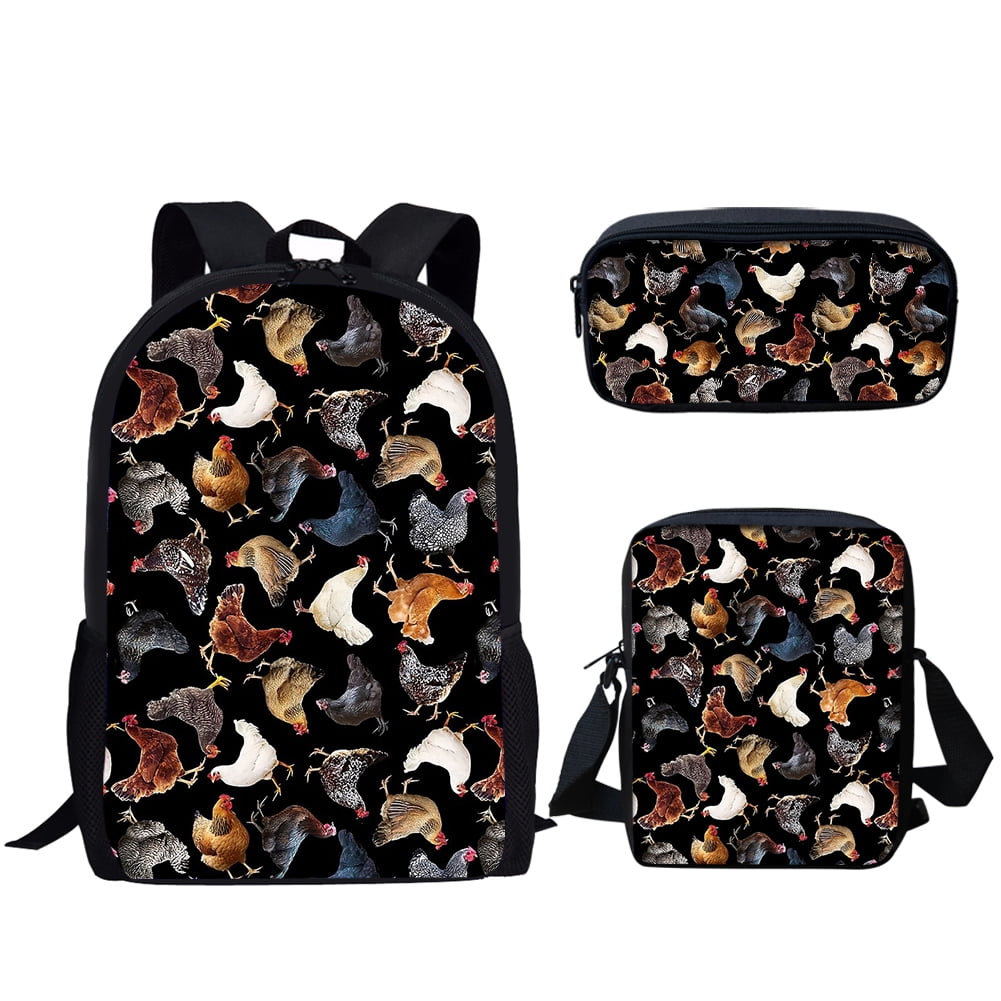 Belidome Chicken Print 3Pcs Bags for Teen Casual Backpack for Primary ...