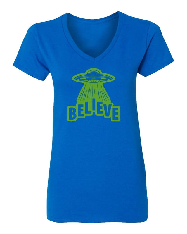 Believe Alien SpaceShip UFO Funny Ladies' V-Neck Tshirt (Royal, Small ...