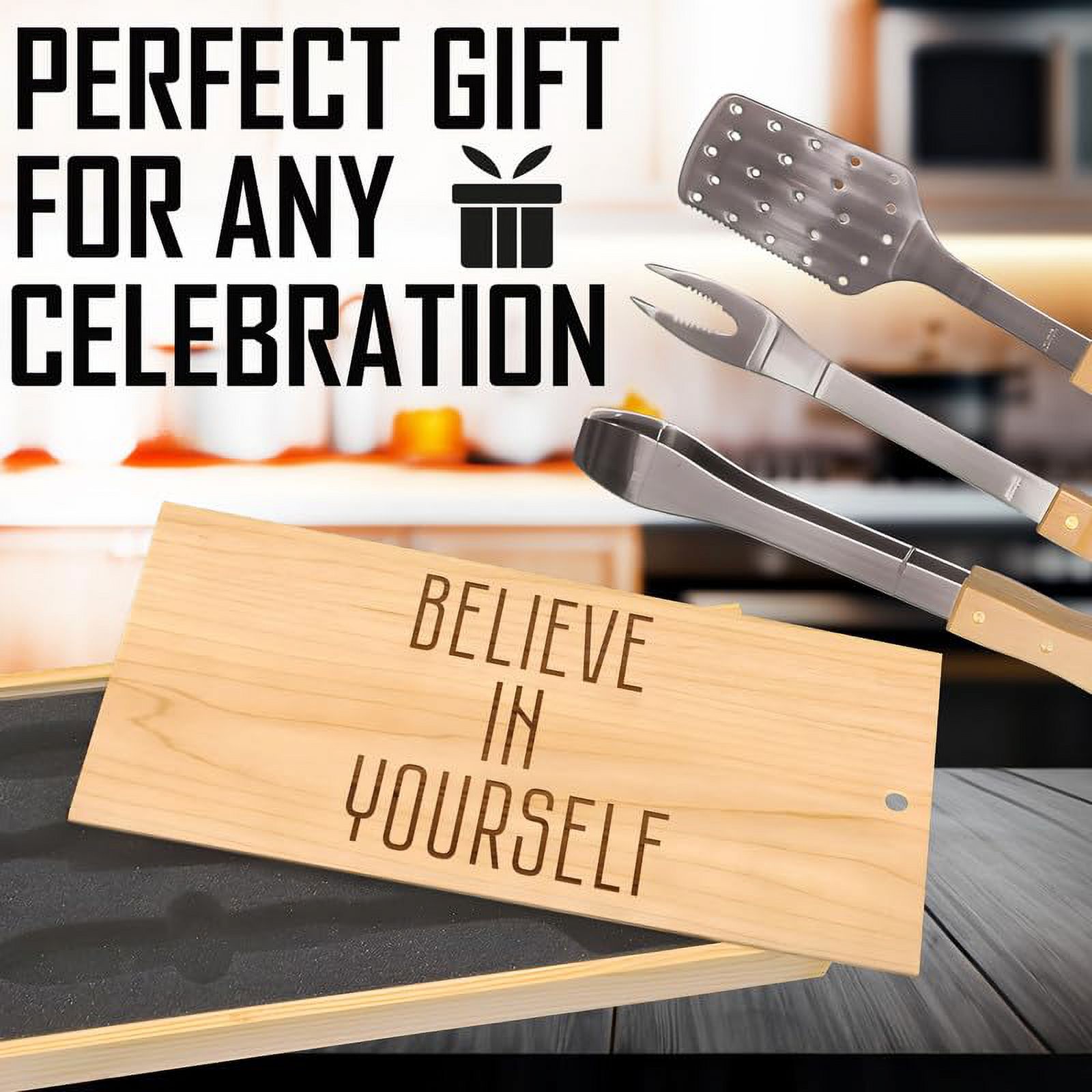 Believe In Yourself BBQ Tool Set: Bold, Capitalized Sans-Serif Font, Perfect for Inspiring Self ...