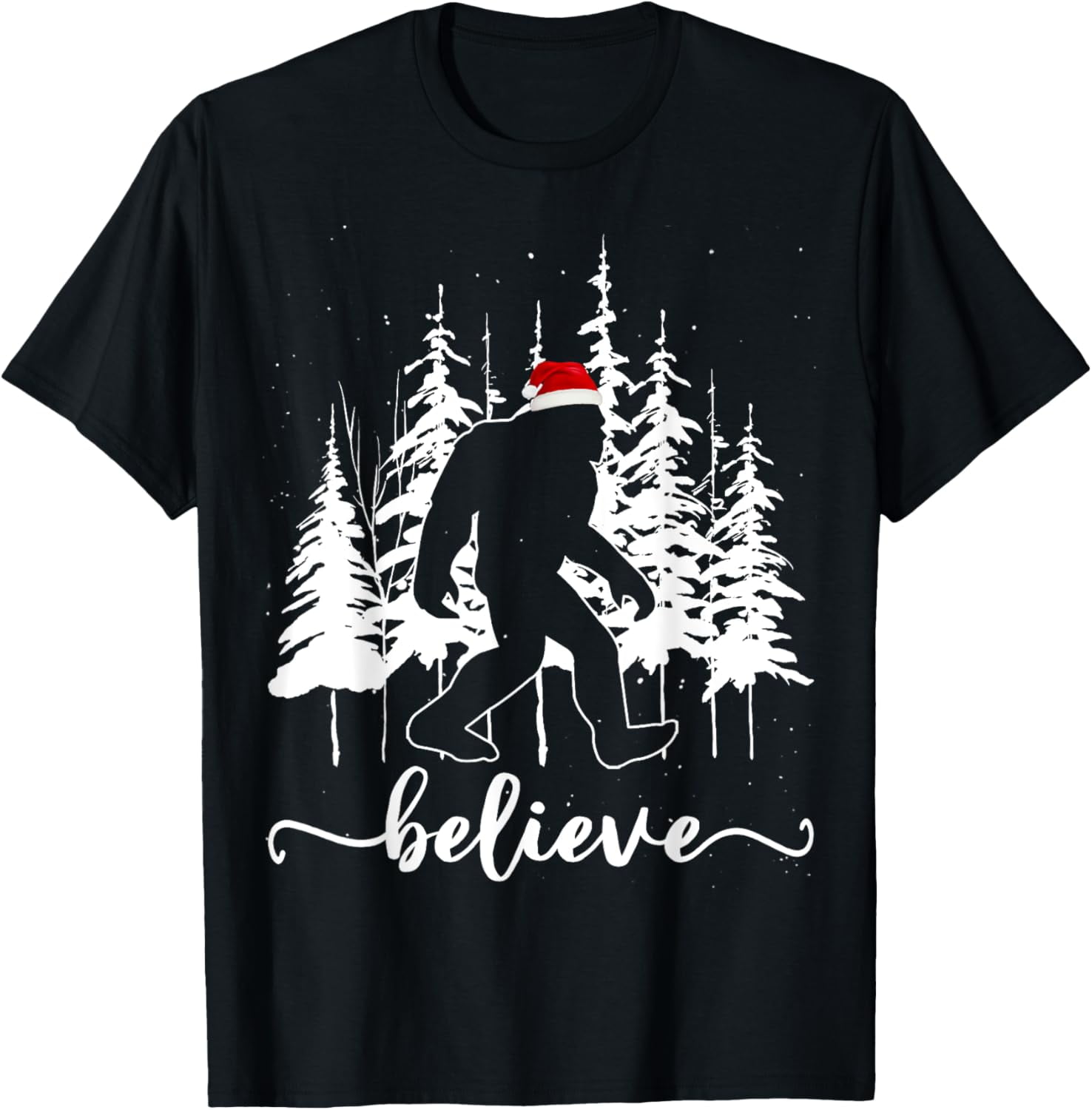 Believe Bigfoot Light Santa Squatch Christmas Tree Pajamas T-ShirtMen's and women's gift, black ...