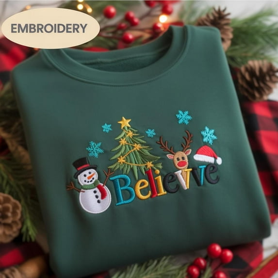 Believe Christmas Embroidered Sweatshirt, Cute Holiday Crewneck ...