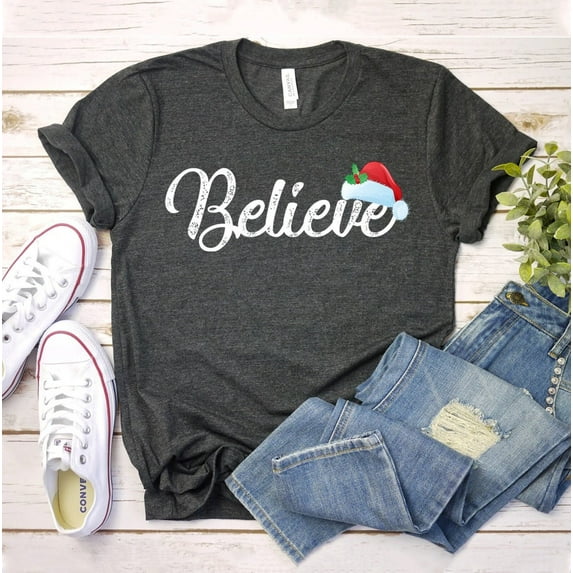 Believe Christmas T-shirt Family Shirt Holiday Gift Tee Party Top Women ...
