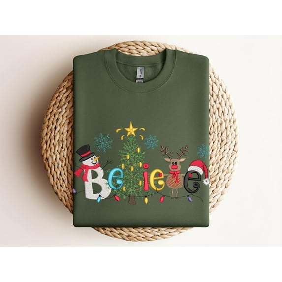 Believe Embroidered Christmas Sweatshirt, Cute Holiday Crewneck ...