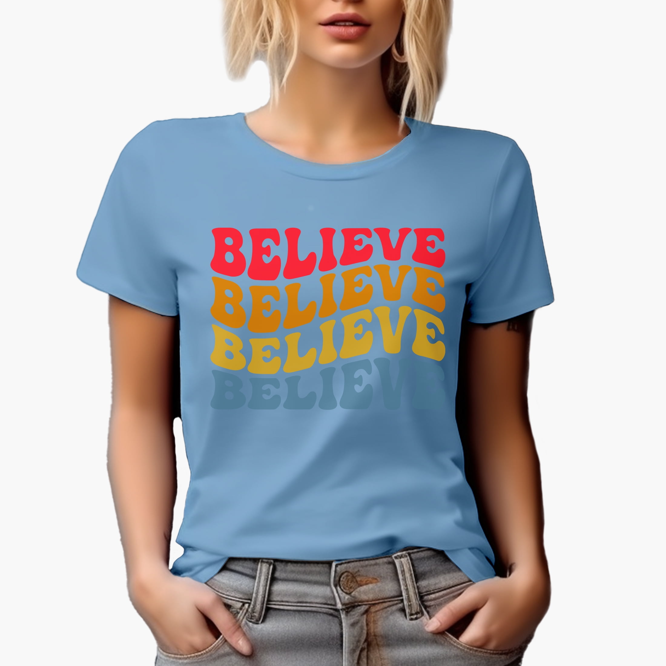 Believe, Faith Themed, Groovy Retro Wavy Text Merch Gift, Baby Blue T ...