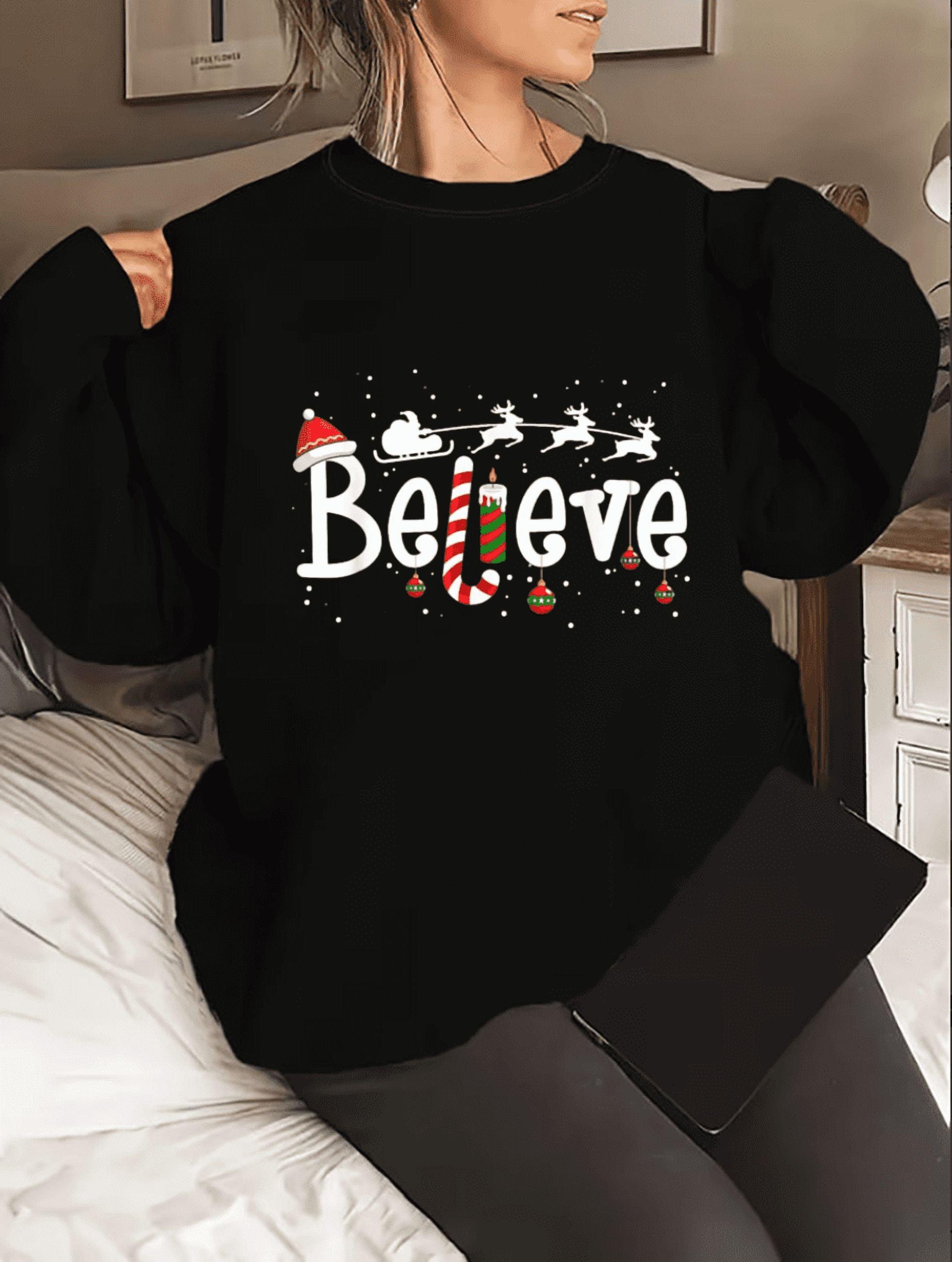 Believe Father Christmas Reindeer Candy Cane Holiday Fun Sweatshirt ...