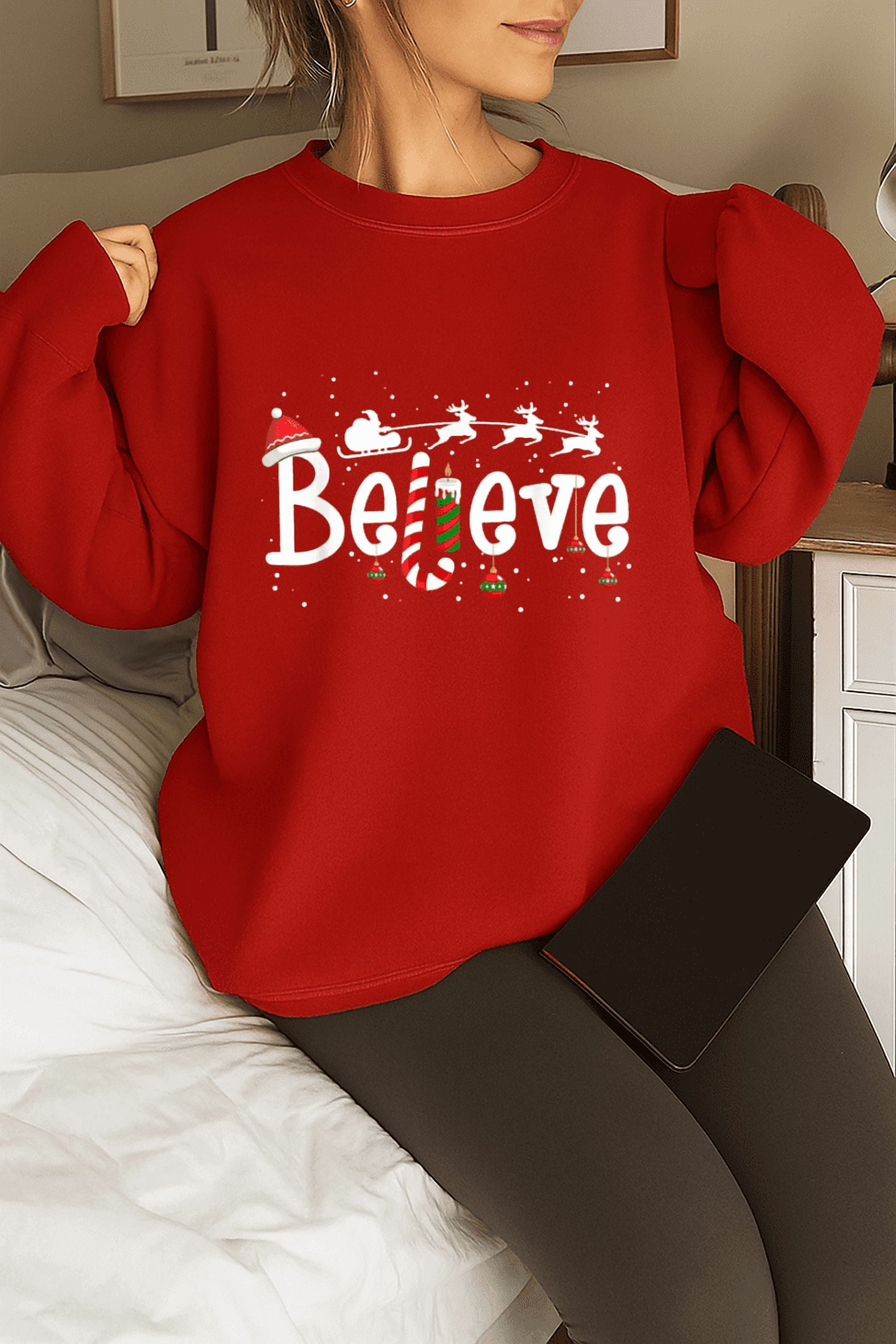 Believe Father Christmas Reindeer Candy Cane Holiday Fun Sweatshirt ...