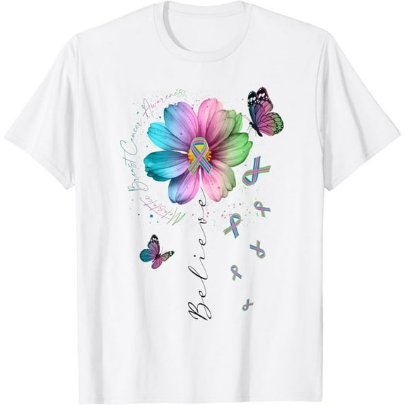 Believe Green Teal Pink Ribbon Cosmos Flower Butterfly MBC T-Shirt, F831 Sweatshirt All Size S ...