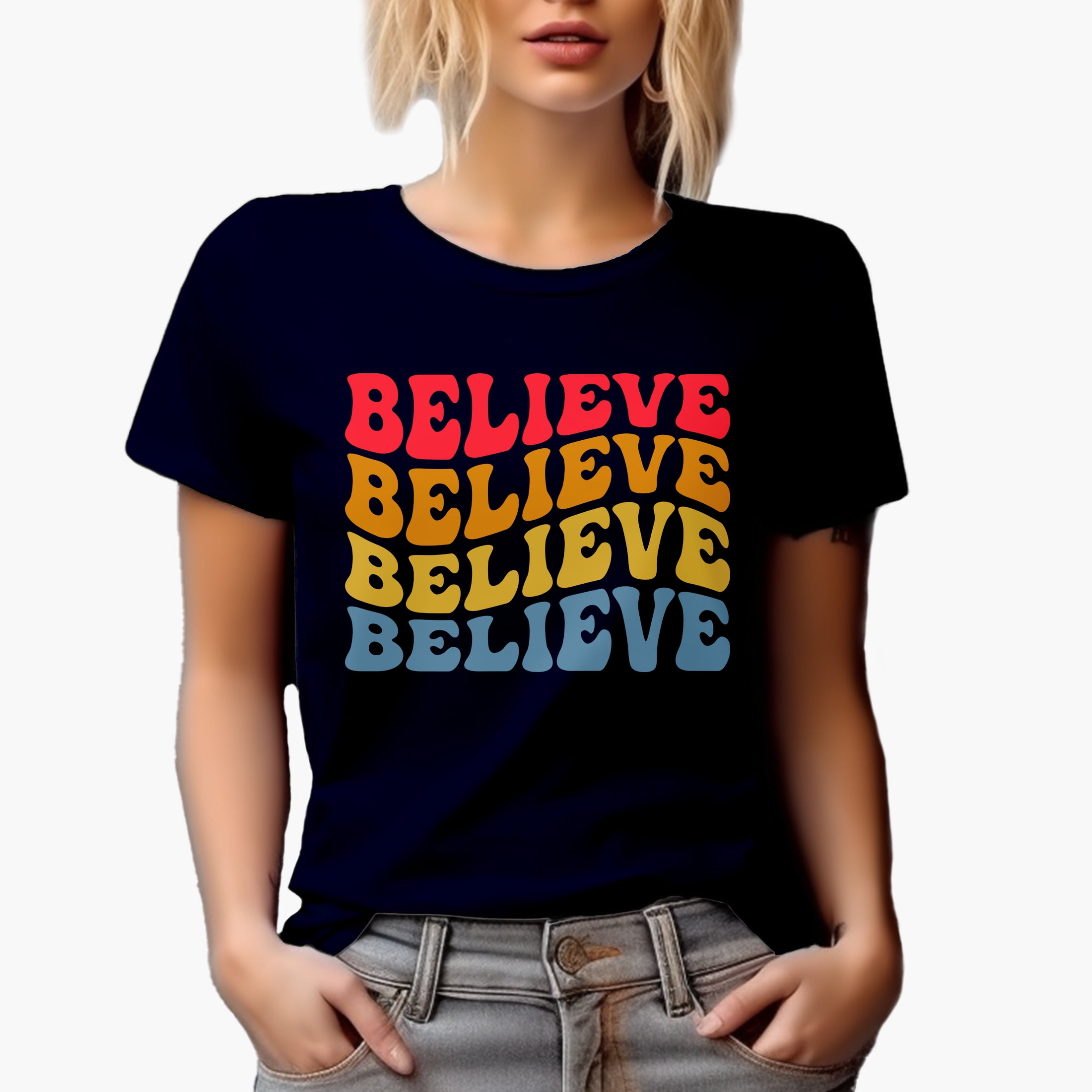 Believe, Having Faith Themed, Groovy Retro Wavy Text Merch Gift, Navy ...
