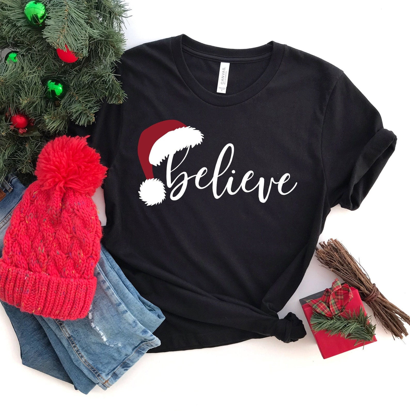 Believe Holiday Script Tee, Minimal Red Hat Accent Typography Design ...