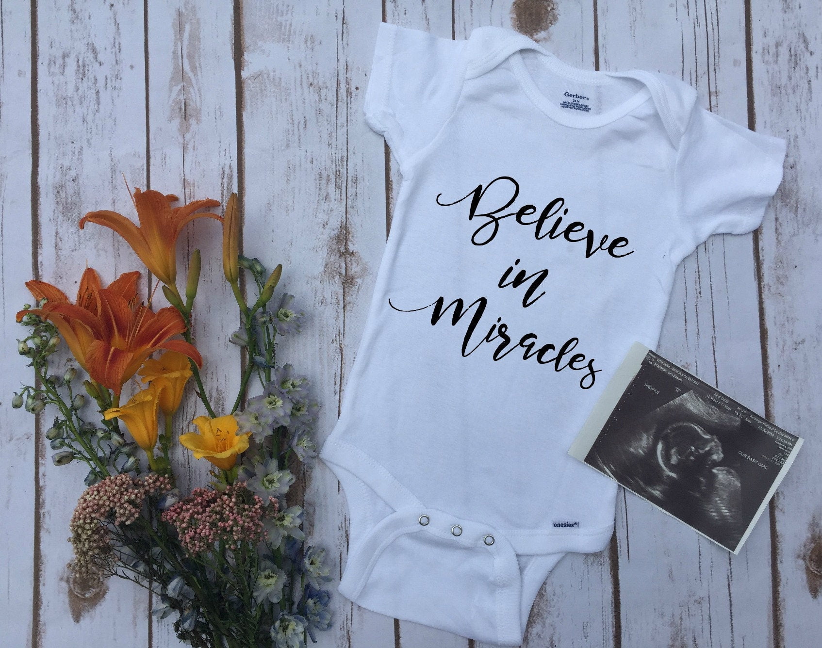 Believe In Miracles Onesie-Pregnancy Reveal-Pregnancy Announcement ...