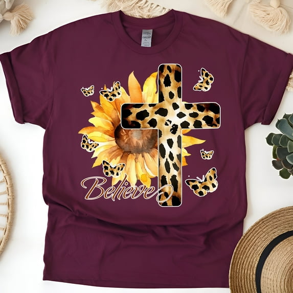 Believe Leopard Cross T-Shirt, Christian Sunflower and Butterfly Faith ...