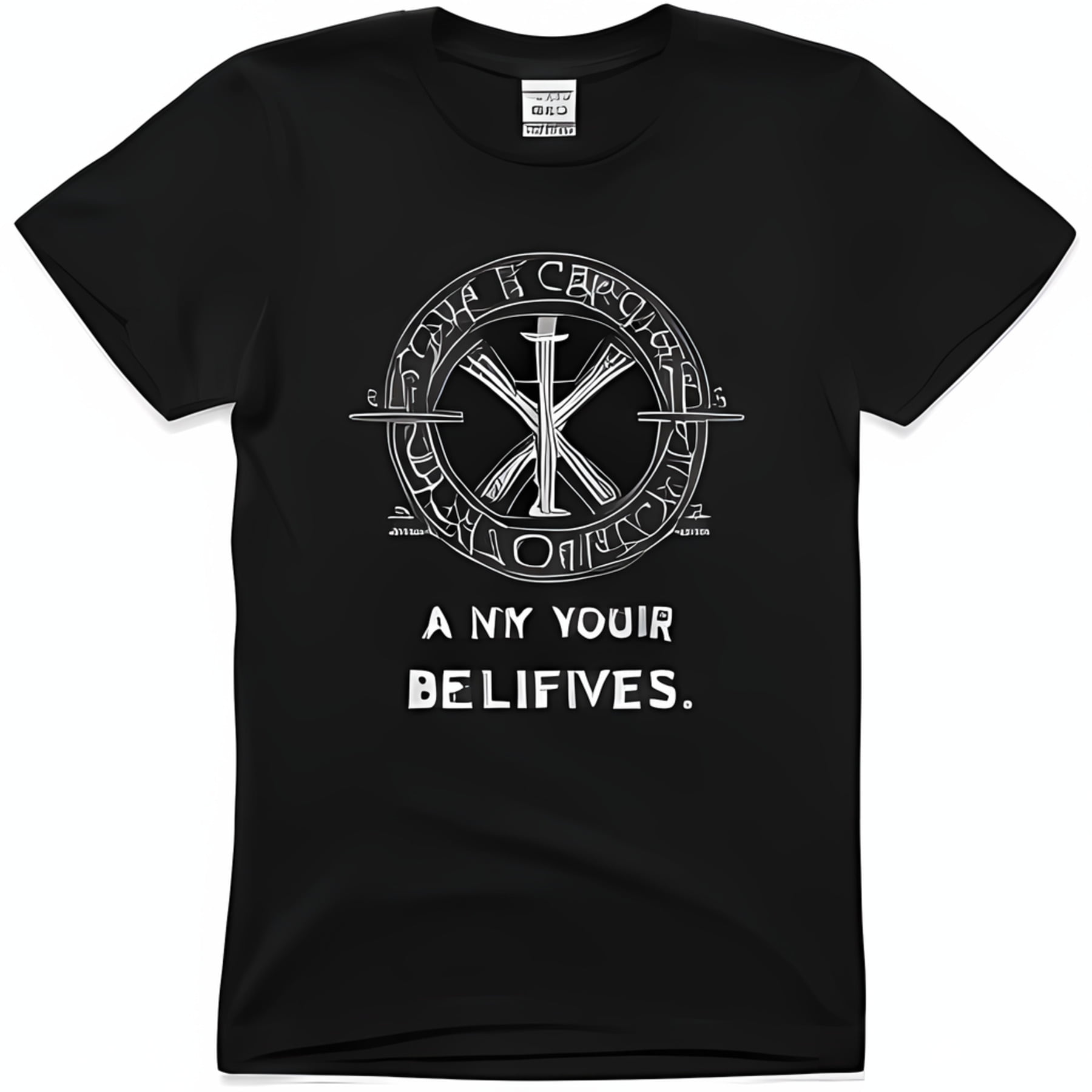 Believe Logo: Ancient Greek symbols & cross in circular shapes on black ...