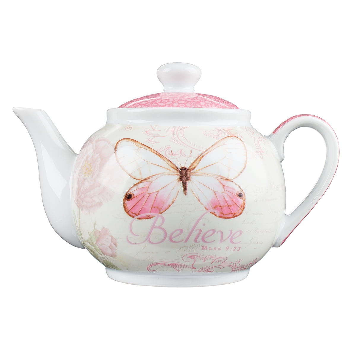 Believe Pink Butterfly Blessings Ceramic Teapot - 30oz Capacity, Mark 9 ...