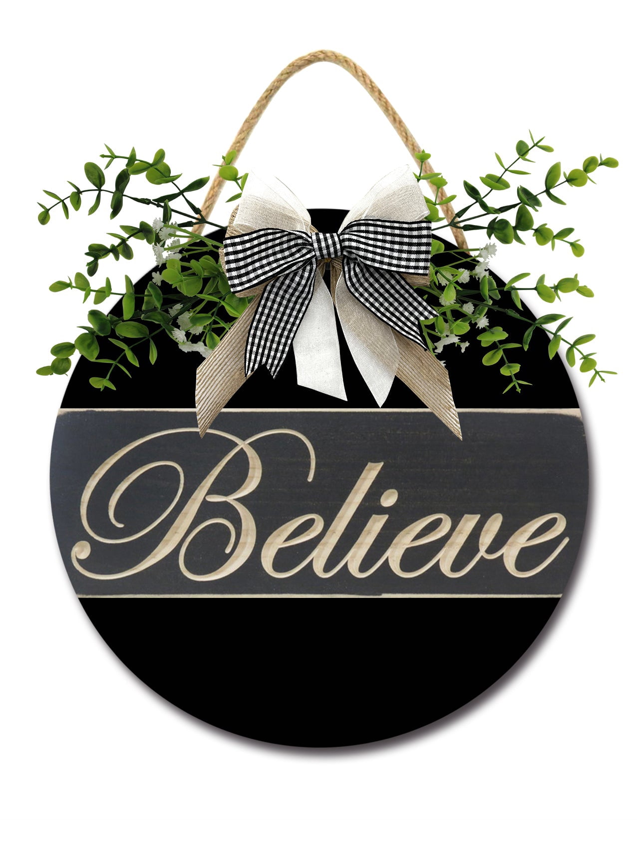 Believe Sign Front Door Porch Decorations, Round Rustic Wood Hanging ...