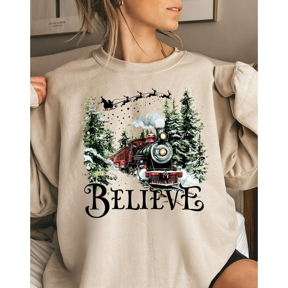 Believe Train Sweater Shirt | Winter Holiday Graphic Sweatshirt for ...