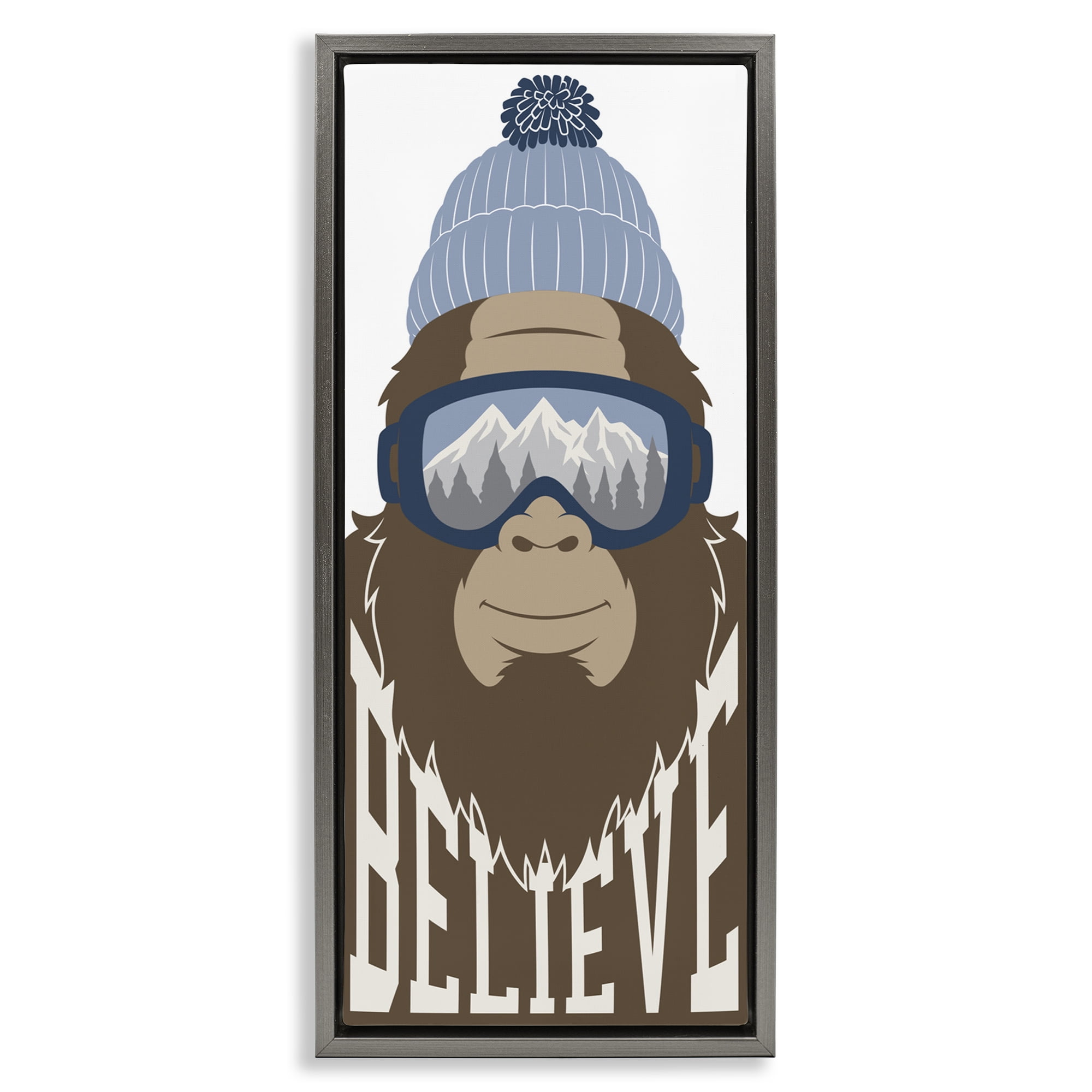 Believe Winter Bigfoot Gray Framed Floater Canvas Wall Art, design by ...