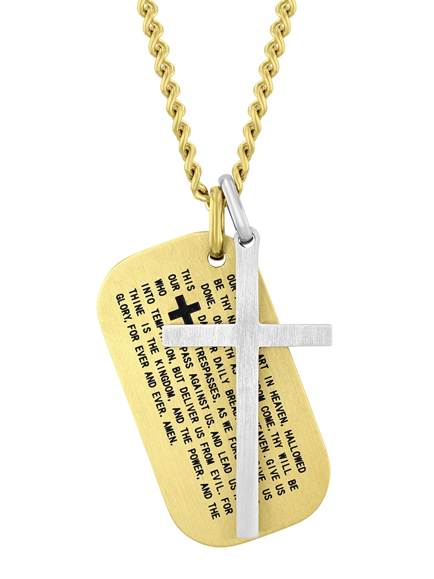 Believe Men's Stainless Steel Two-Tone Dog Tag and Silver Cross Pendant ...