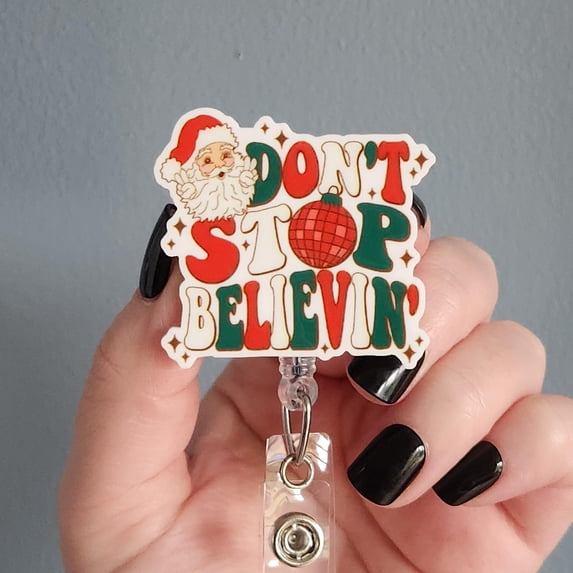 Believe in Santa badge reel, christmas badge clip for nurses, holiday ...