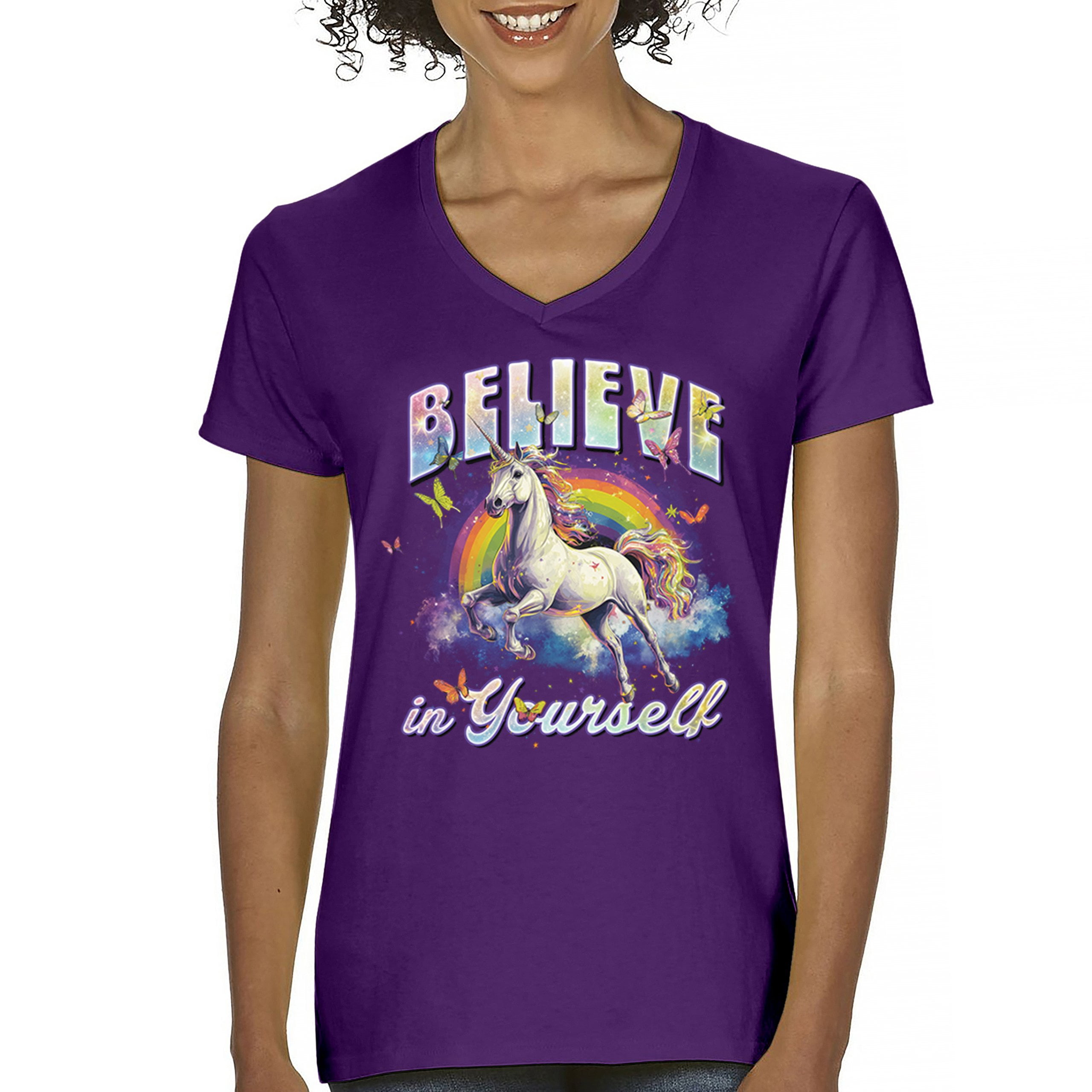 Believe in Yourself Unicorn Women's V-Neck T-shirt Colorful Rainbow ...