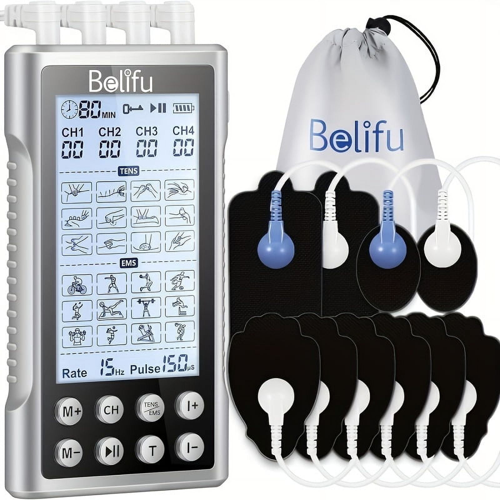 Belifu TENS Muscle Stimulator EMS 4 Independent Channels 24 Modes,Timer ...