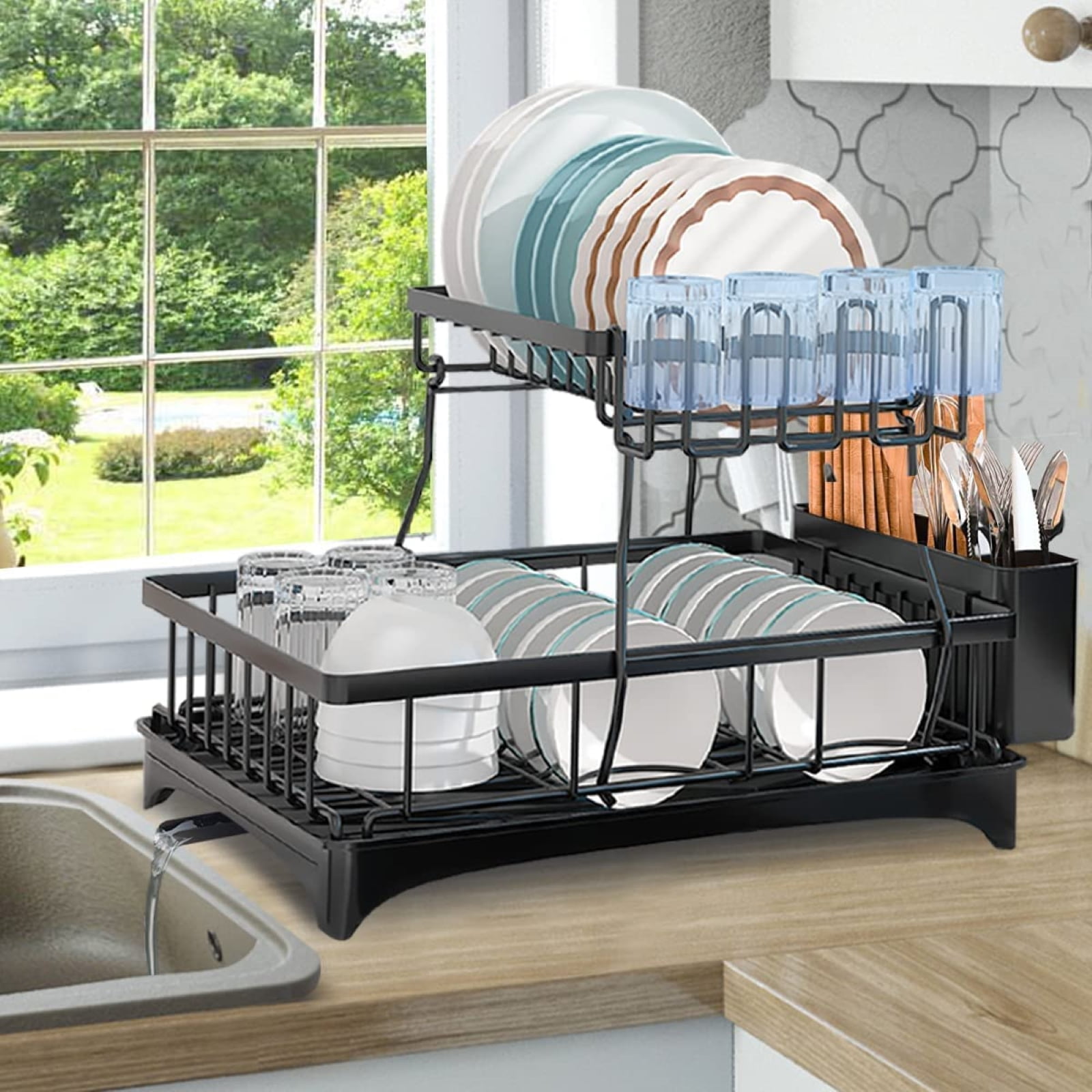 Beiled Dish Drying Rack, Carbon Steel, 2-Tier, Detachable, Black ...