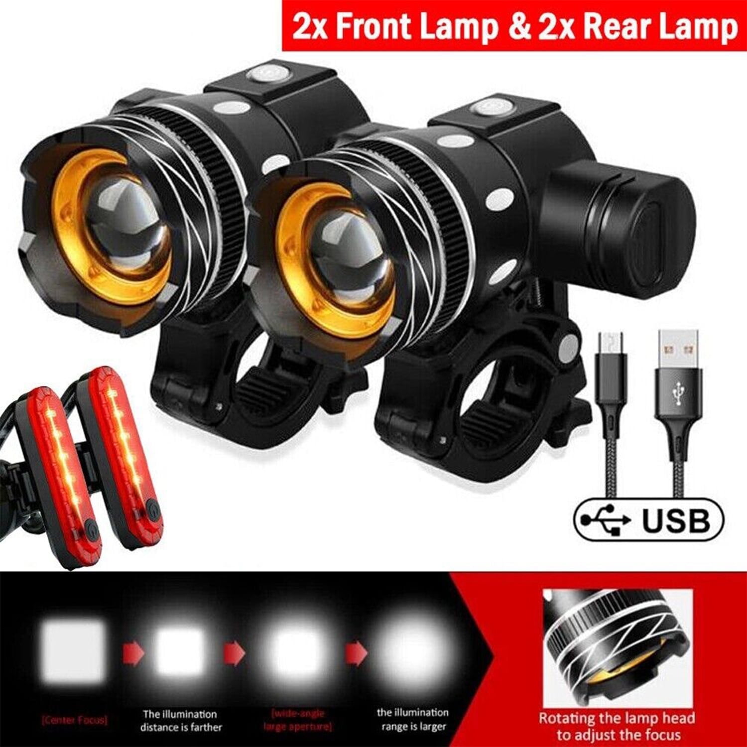 2Set USB Rechargeable LED Mountain Bike Lights Front+Rear Lamp Kit for ...