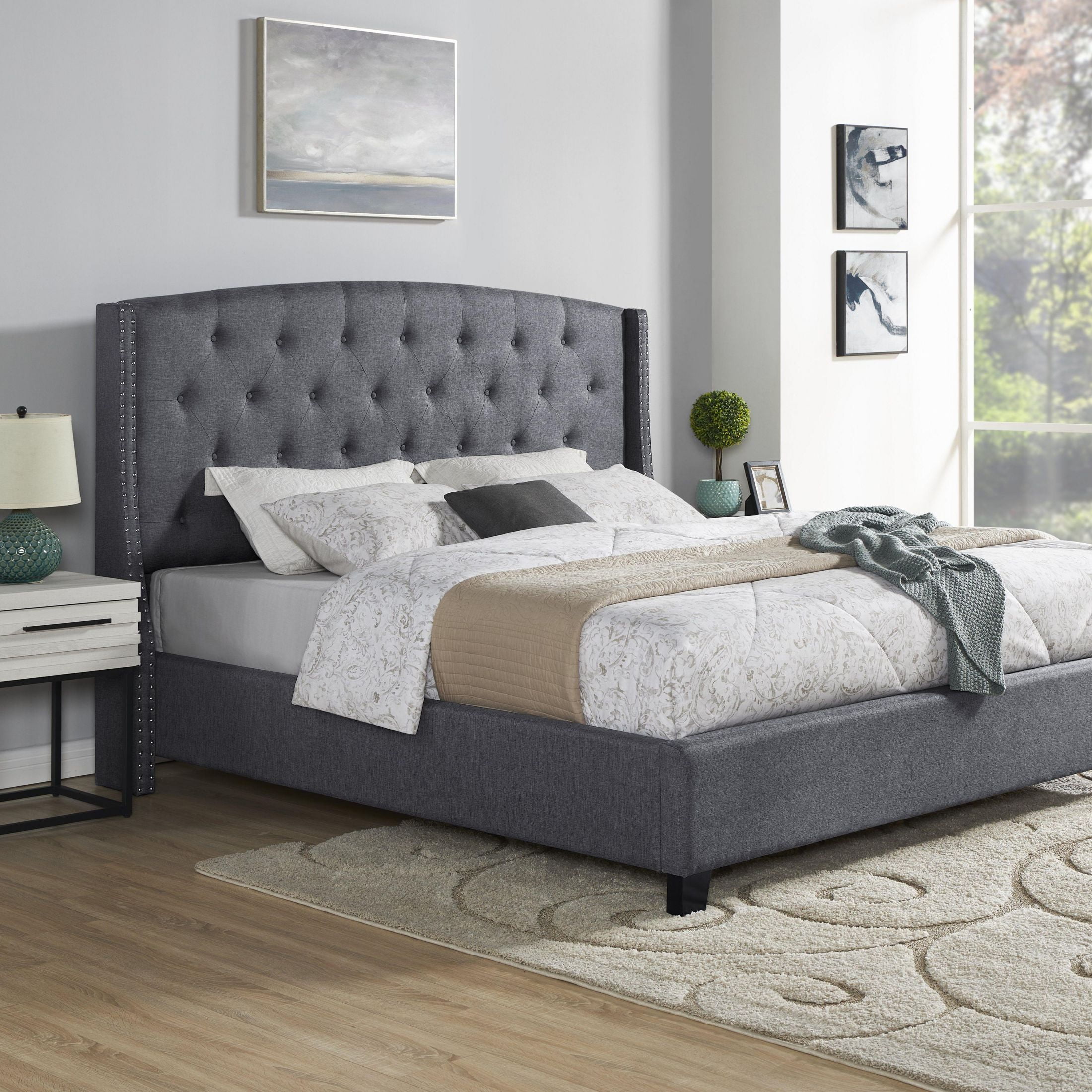 Belize 3-Piece Upholstered Bedroom Set, Tufted Wingback Bed with Two ...