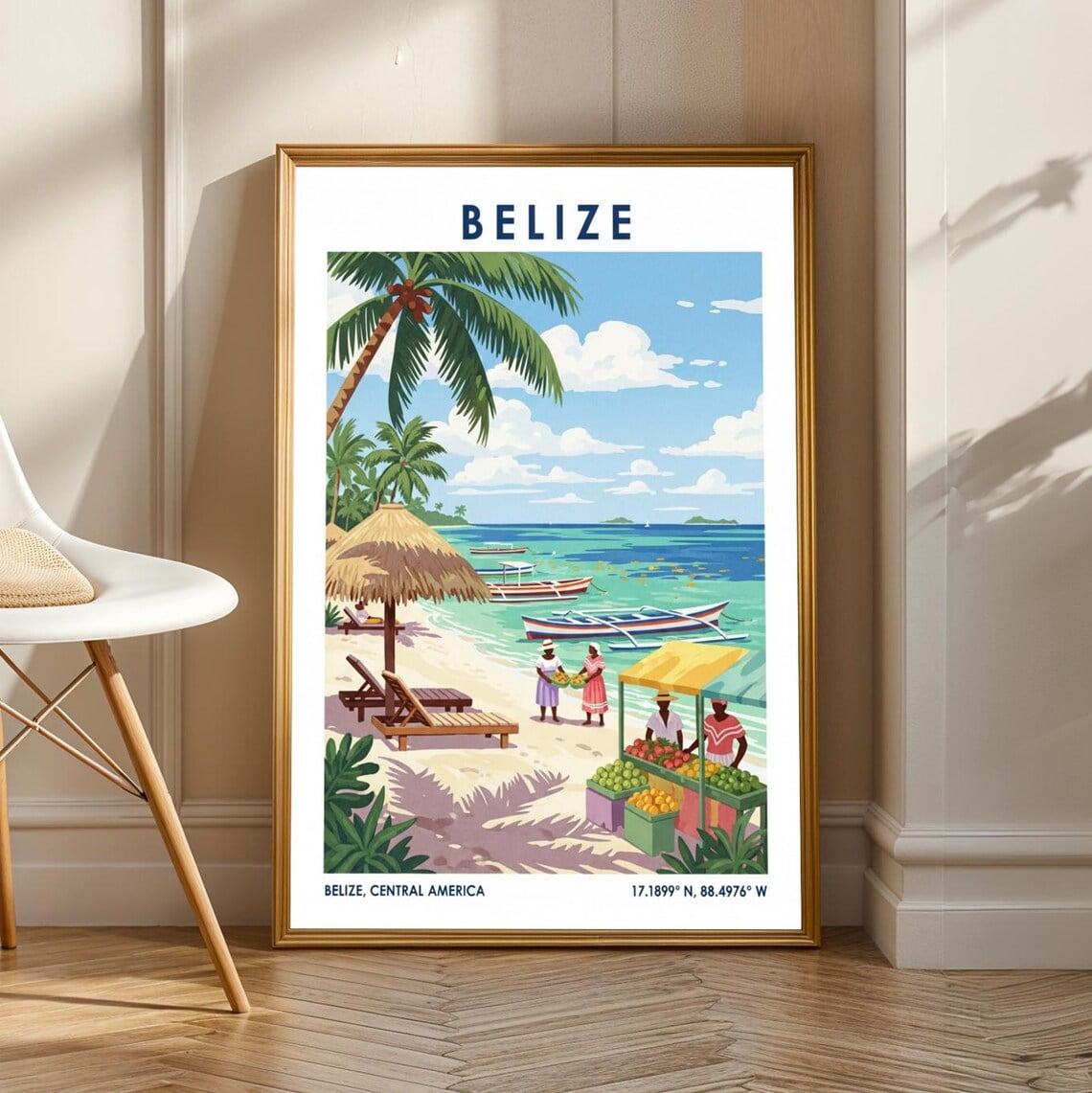 Belize Beach Scene Print – Green, Blue And Yellow Art | Vintage Travel ...