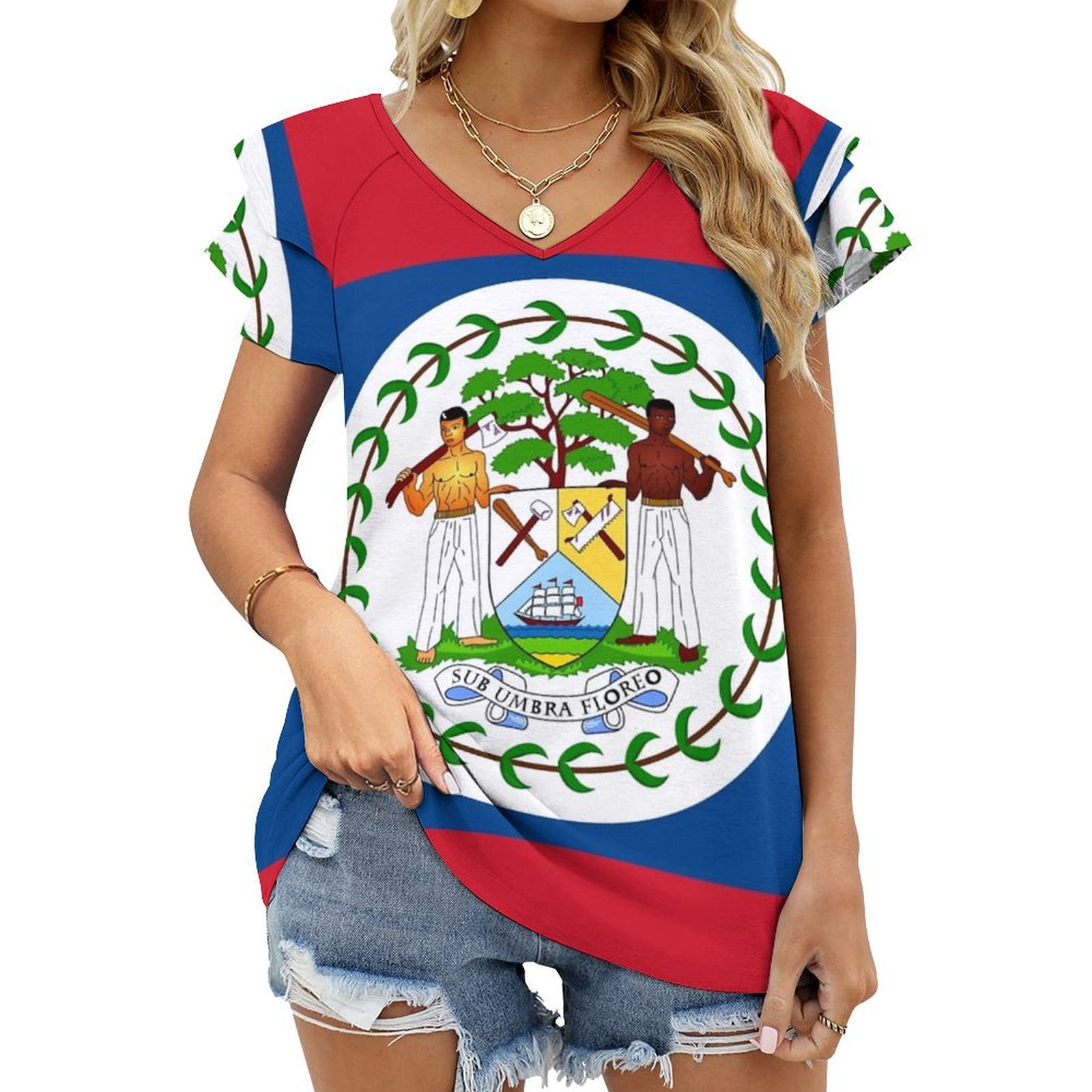 Belize Flag Lotus Leaf Neck T-Shirt Long Sleeve Women's T Shirt Elegant ...