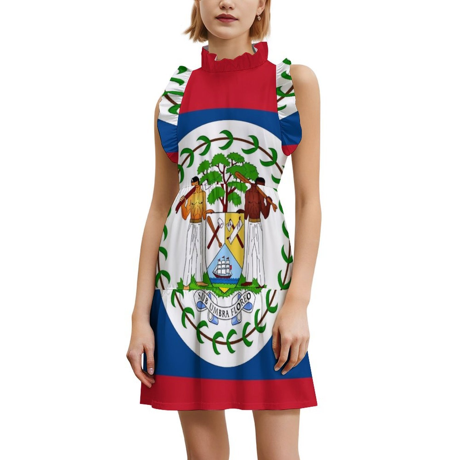 Belize Flag Women's Fashion Casual Dress Summer Stand Up Collar Ruffles ...