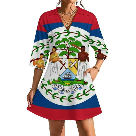 Belize Flag Womens Dress With Pockets Summer V Neck 3/4 Sleeve Dress ...